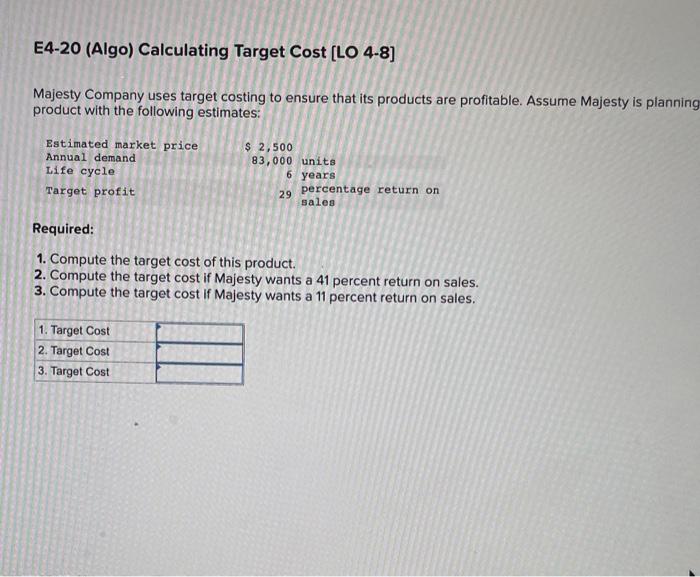 Solved E4-20 (Algo) Calculating Target Cost [LO 4-8] Majesty | Chegg.com