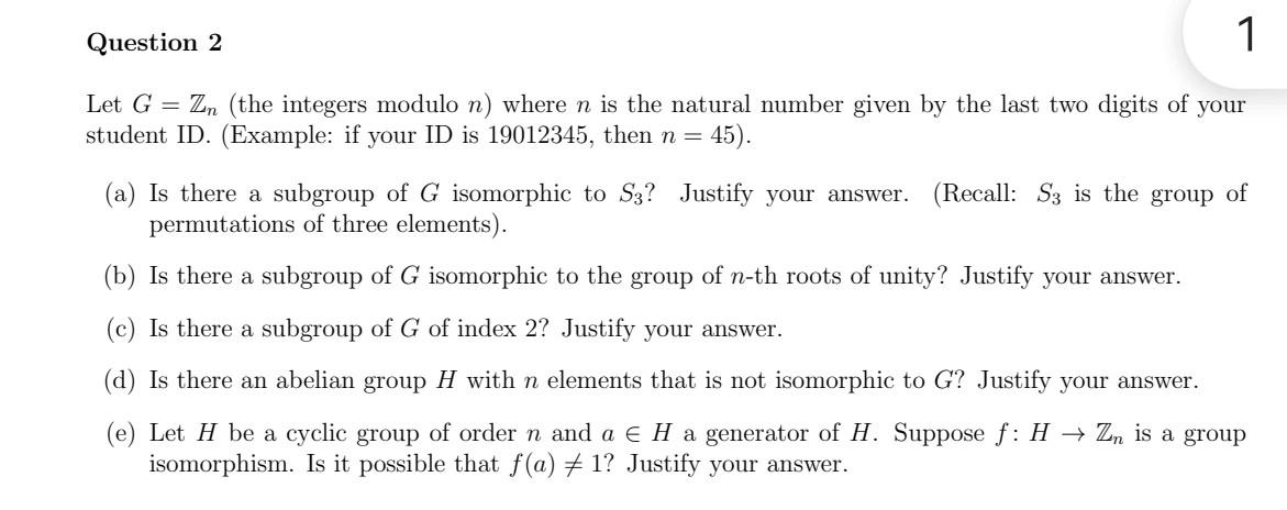 Solved Question 2 1 Let G = Zn (the integers modulo n) where | Chegg.com