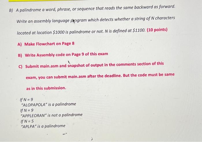 Solved B) A palindrome a word, phrase, or sequence that | Chegg.com