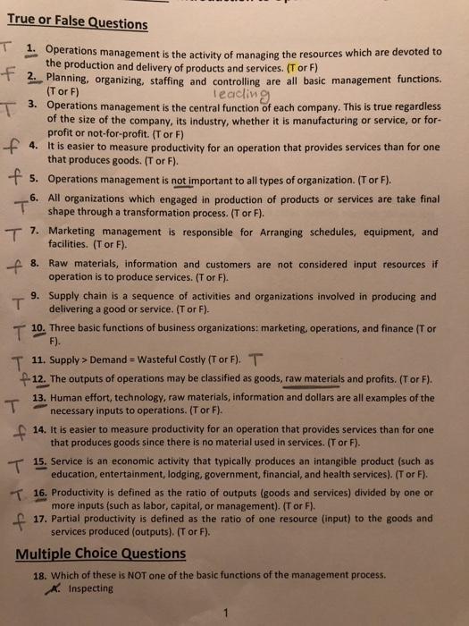 Solved True or False Questions T 1. Operations management is | Chegg.com
