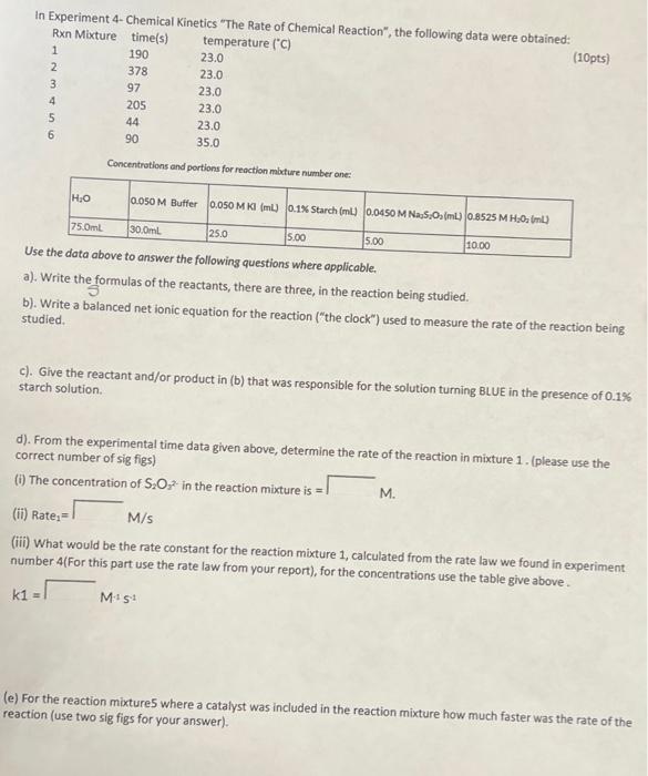 Solved In Experiment 4-Chemiral Kinatico "wha n "te of | Chegg.com