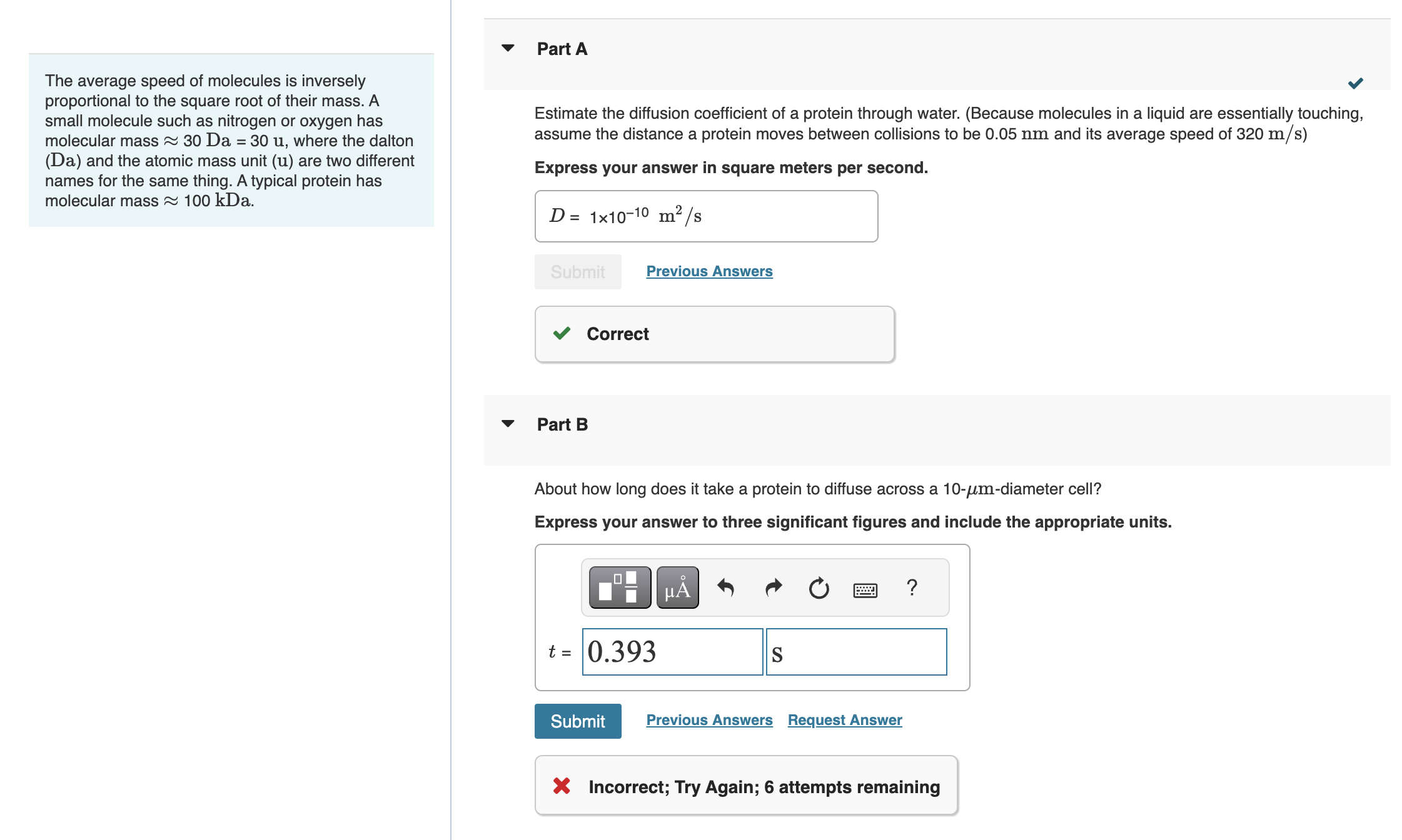 Solved Part AEstimate the diffusion coefficient of a protein | Chegg.com