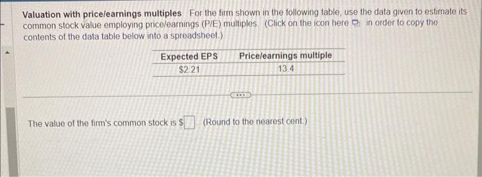 Solved Valuation with pricelearnings multiples For the firm | Chegg.com