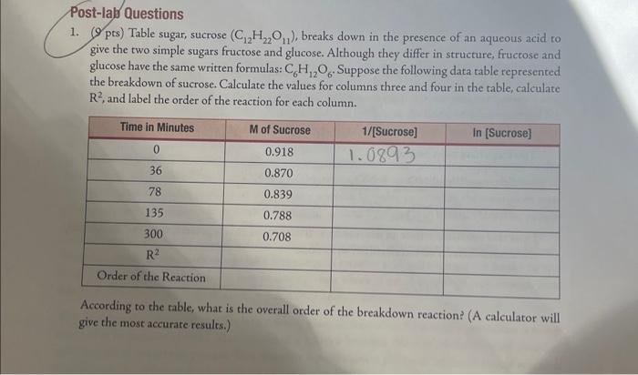 Solved Post-laby Questions 1. (9 prs) Table sugar, sucrose | Chegg.com