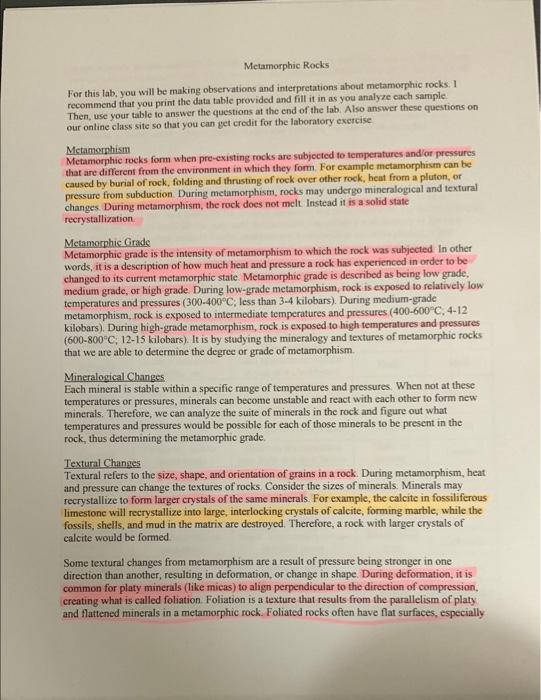 Solved Metamorphic Rocks For this lab, you will be making | Chegg.com