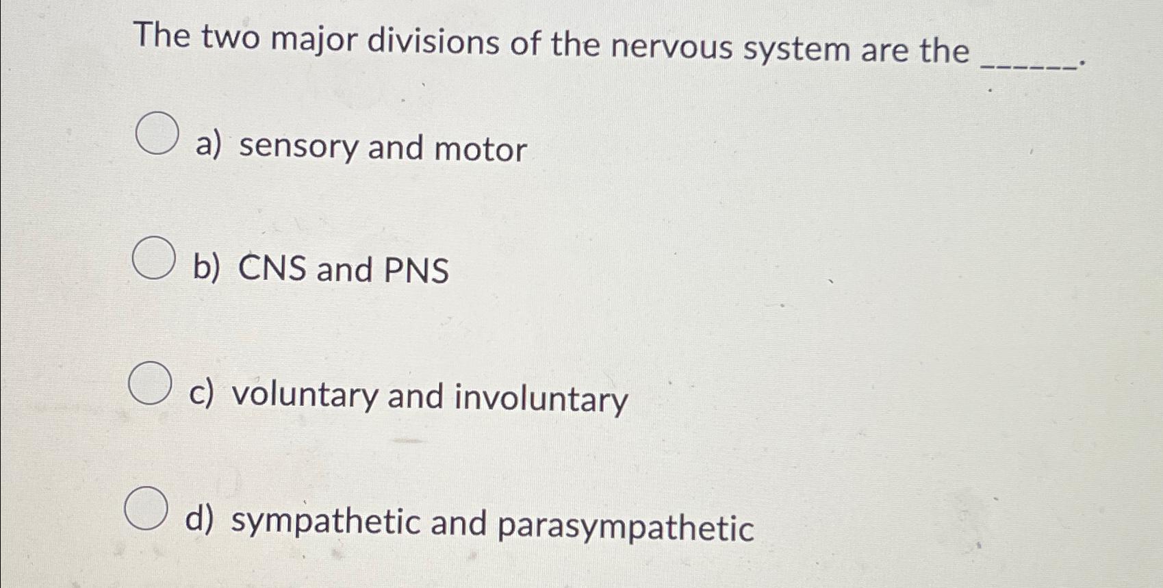 Solved The two major divisions of the nervous system are | Chegg.com