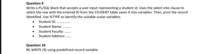 Solved Question 9 Write a PL/SQL. block that accepts a user | Chegg.com