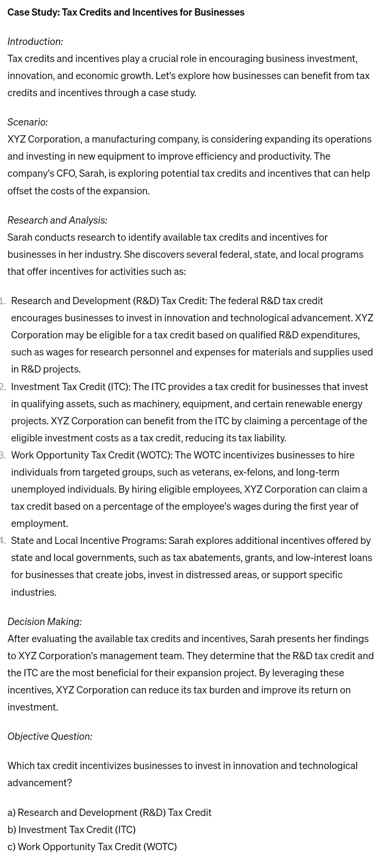 Solved Case Study: Tax Credits and Incentives for | Chegg.com