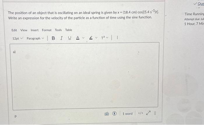 Solved The position of an object that is oscillating on an | Chegg.com