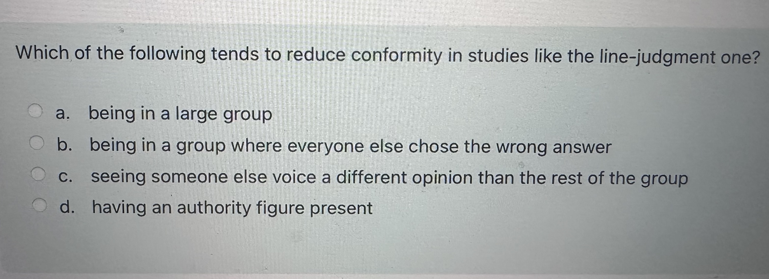 Solved Which of the following tends to reduce conformity in | Chegg.com