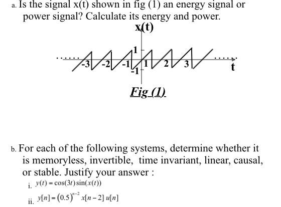 Solved a. Is the signal x(t) shown in fig (1) an energy | Chegg.com