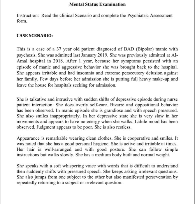 Solved Mental Status Examination Instruction: Read the | Chegg.com