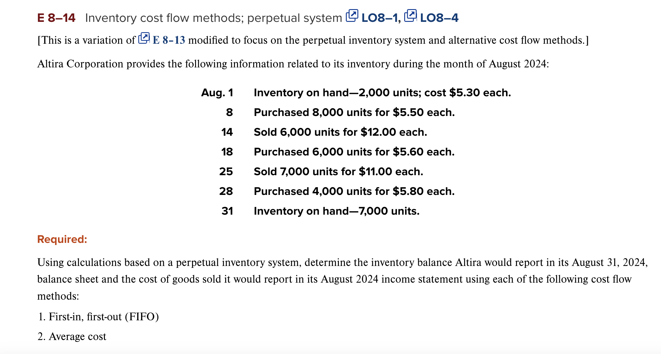 Solved E 8-14 ﻿Inventory cost flow methods; perpetual system | Chegg.com