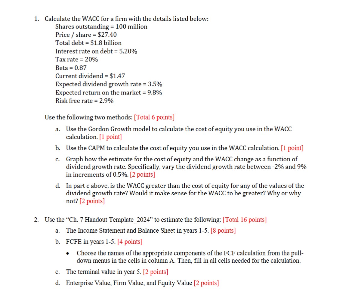 Solved 1. ﻿Calculate the WACC for a firm with the details | Chegg.com