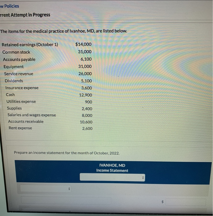 Solved w Policies rrent Attempt in Progress The items for | Chegg.com