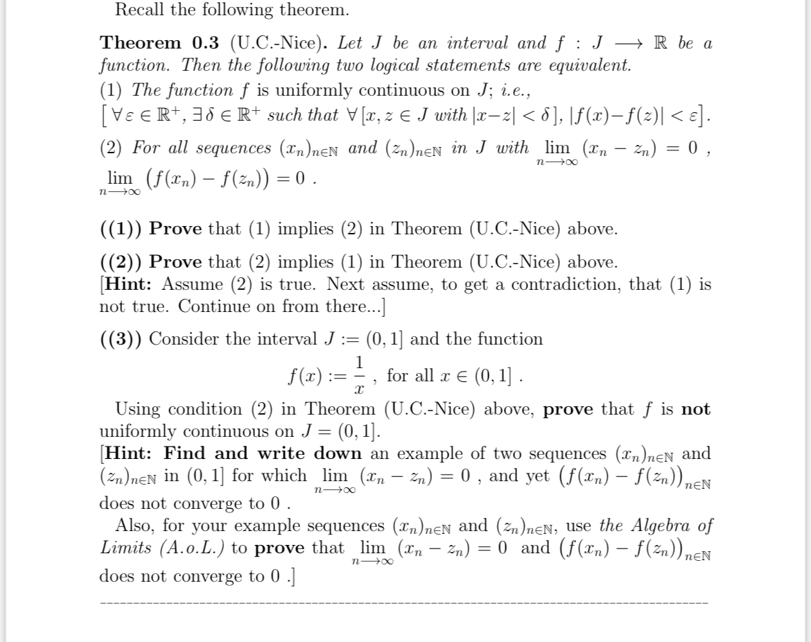 Solved Recall the following theorem.Theorem 0.3 (U.C.-Nice). | Chegg.com