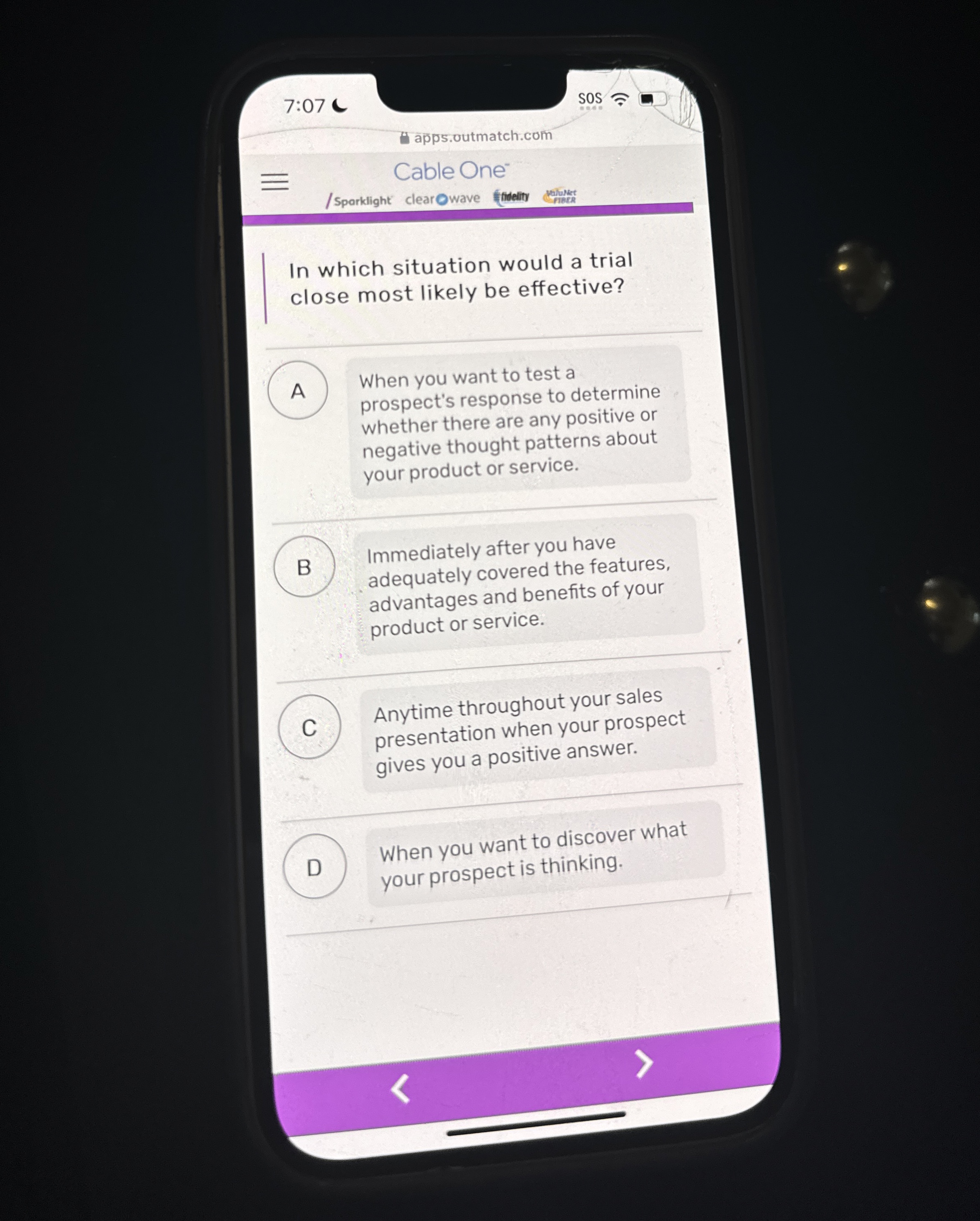 Solved 7:07SOS⇌apps.outmatch.comCable One-/ | Chegg.com