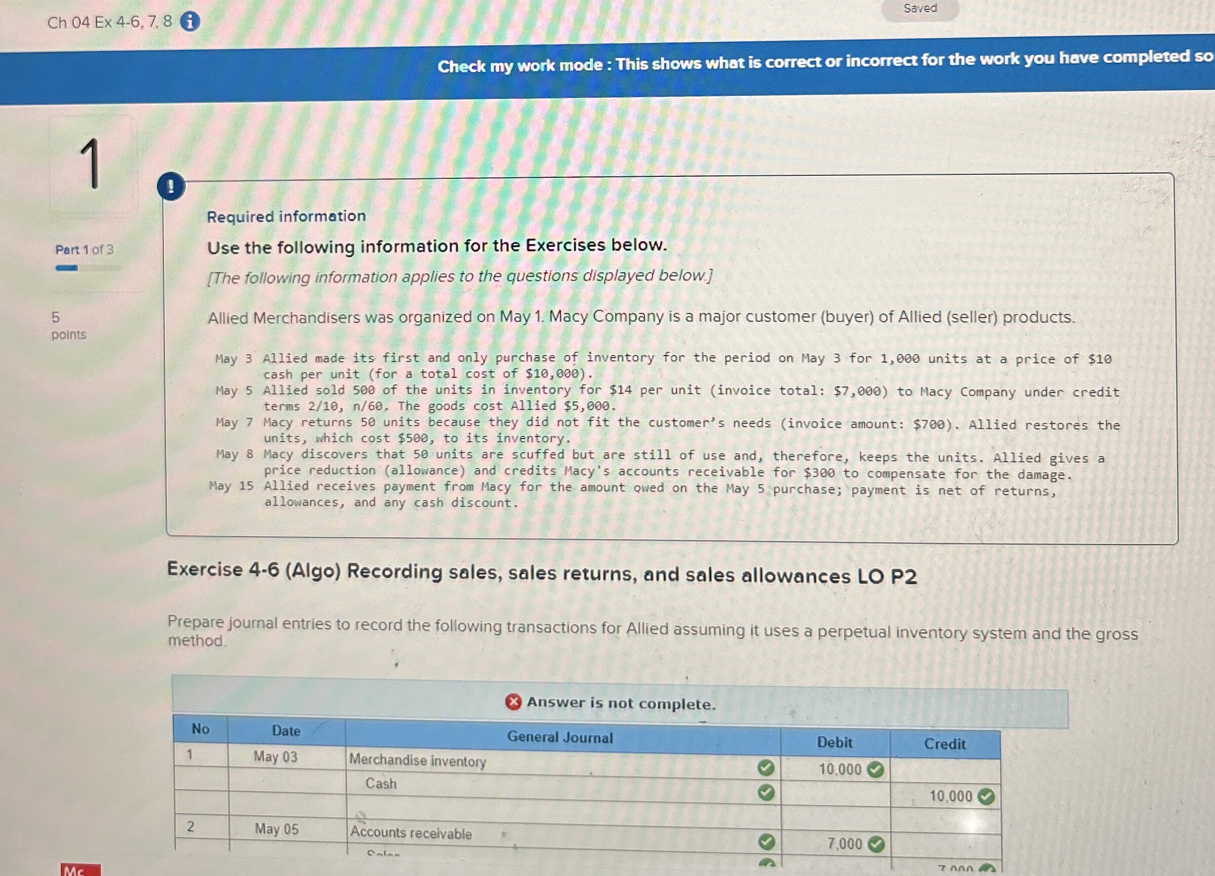 Solved Ch 04 ﻿Ex 4-6,7,8SavedCheck my work mode : This shows | Chegg.com