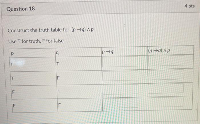Solved Construct the truth table for (p→q)∧p Use T for | Chegg.com