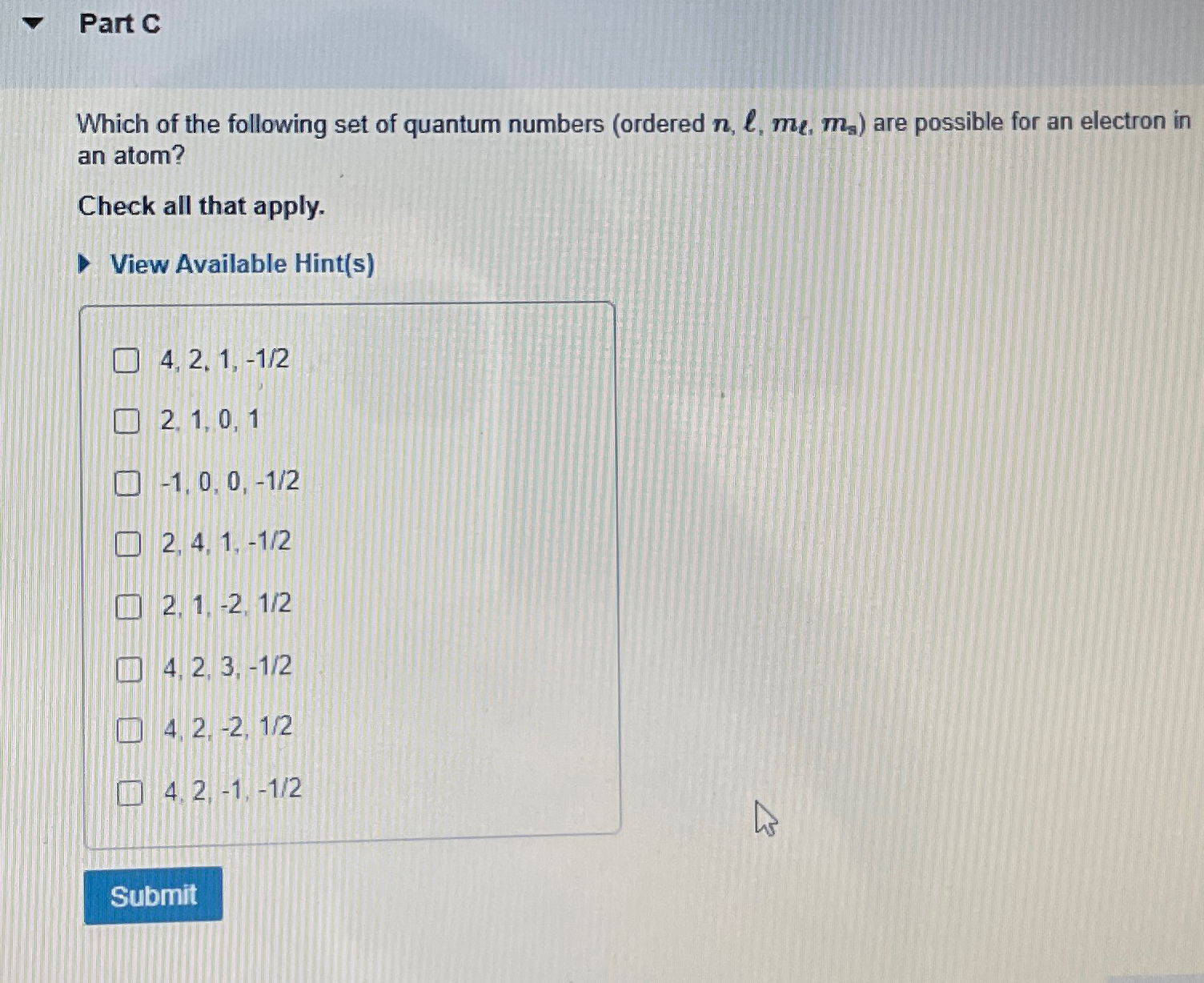 Solved Part CWhich of the following set of quantum numbers | Chegg.com