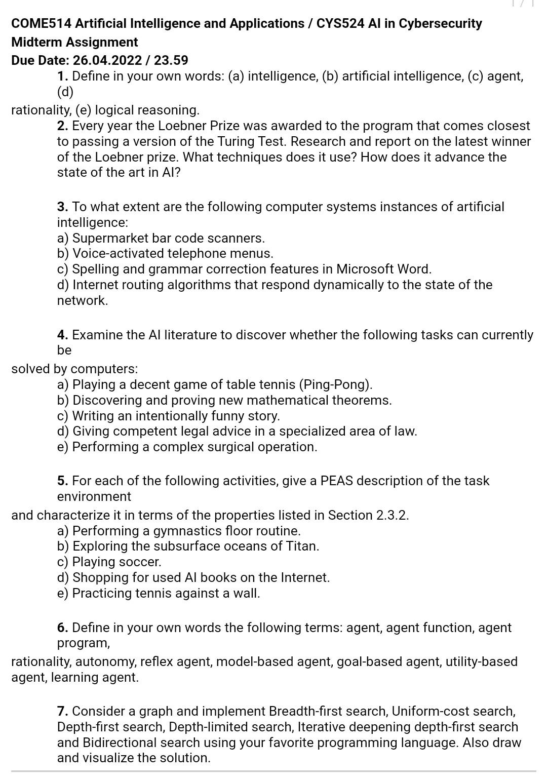 Solved 1/1 + COME514 Artificial Intelligence and | Chegg.com