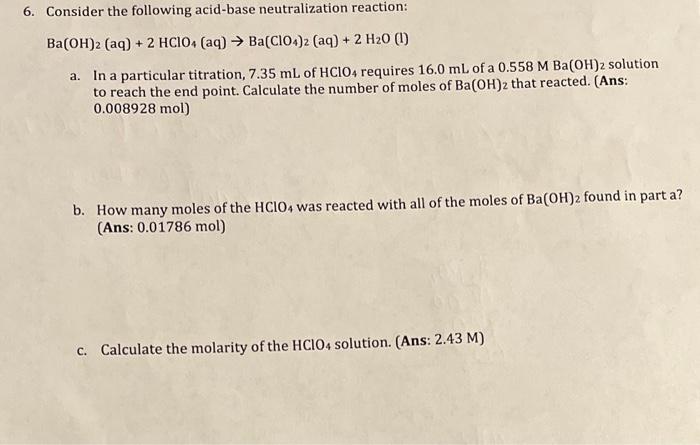 Solved Ba(OH)2(aq)+2HClO4(aq)→Ba(ClO4)2(aq)+2H2O(l) a. In a | Chegg.com