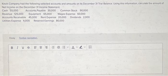 Solved Kevin Company had the following selected accounts and | Chegg.com