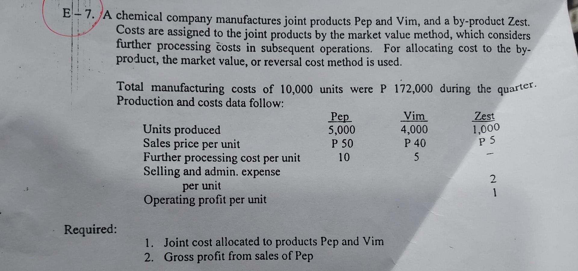 Solved A chemical company manufactures joint products Pep | Chegg.com