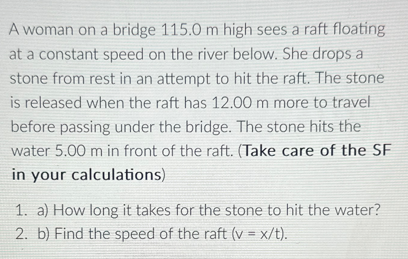 A woman on a bridge 115.0m ﻿high sees a raft floating | Chegg.com