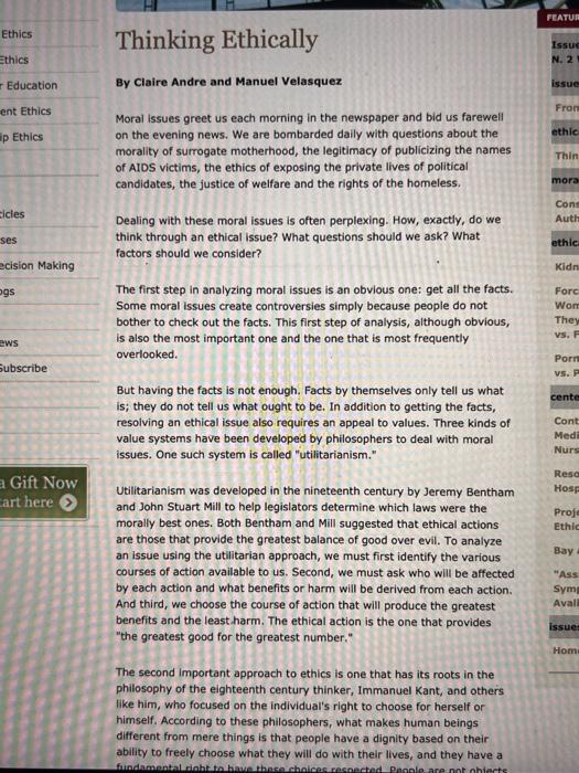 Thinking Ethically By Claire Andre and Manuel | Chegg.com