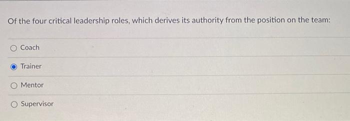 Solved Of the four critical leadership roles, which derives | Chegg.com