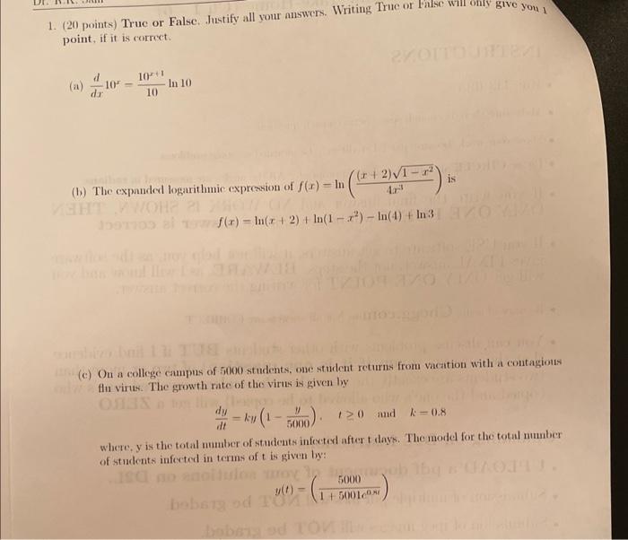 Solved 1. (20 points) True or False. Justify all your | Chegg.com