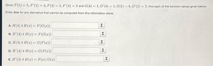 Solved Given F(1)=5,F′(1)=4,F(4)=5,F′(4)=2 and | Chegg.com