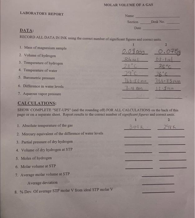 DATA: Date RECORD ALL DATA IN INK using the correct | Chegg.com