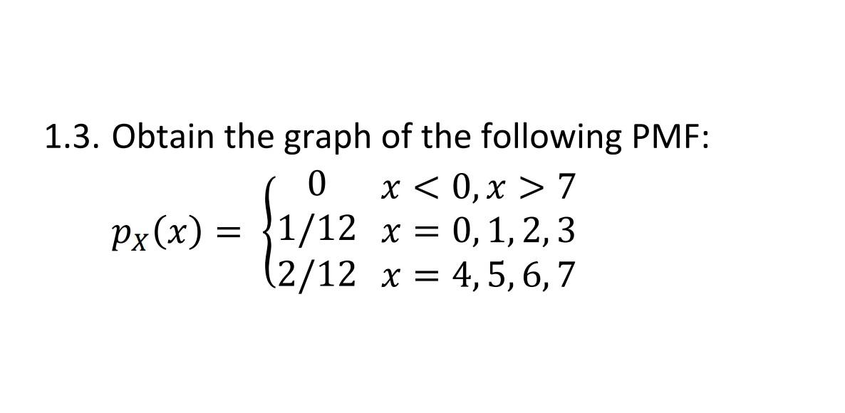 Solved 1.3. Obtain the graph of the following PMF: 0 x
