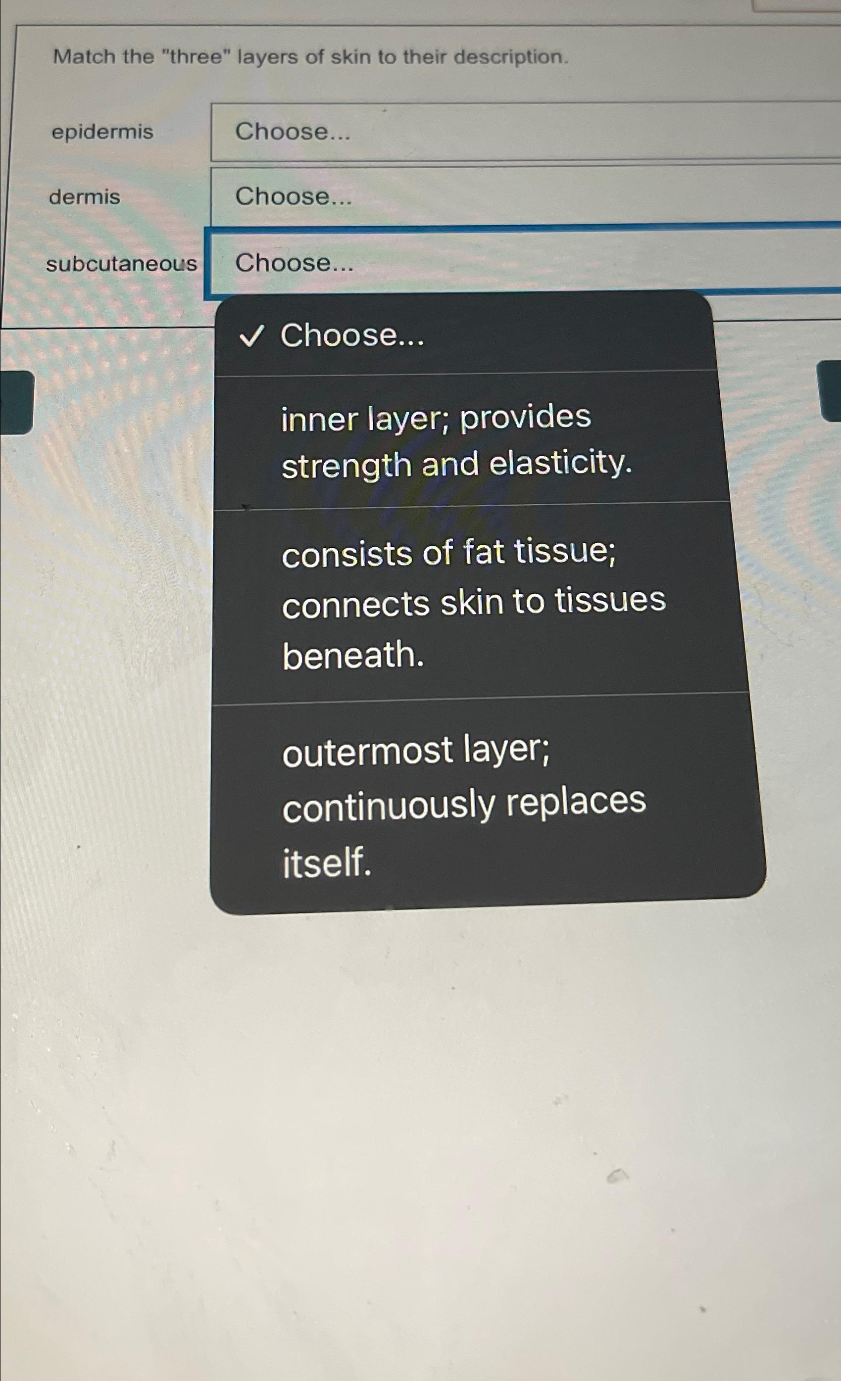Solved Match the "three" layers of skin to their | Chegg.com