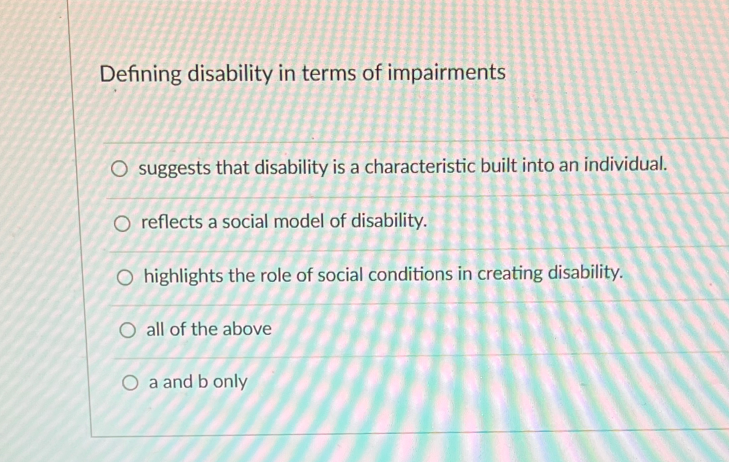 Solved Defining disability in terms of impairmentssuggests | Chegg.com