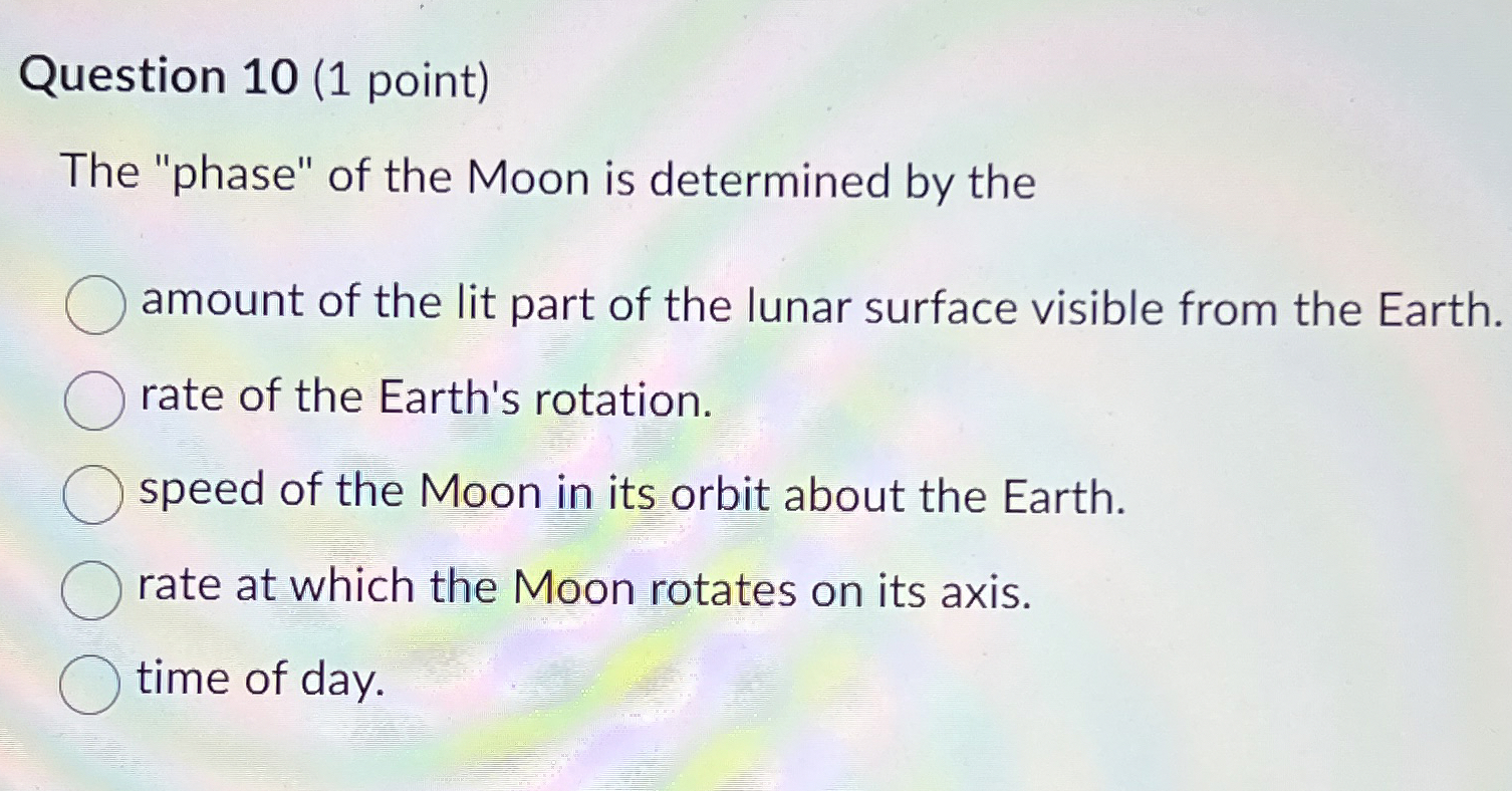 Solved Question 10 (1 ﻿point)The "phase" of the Moon is | Chegg.com