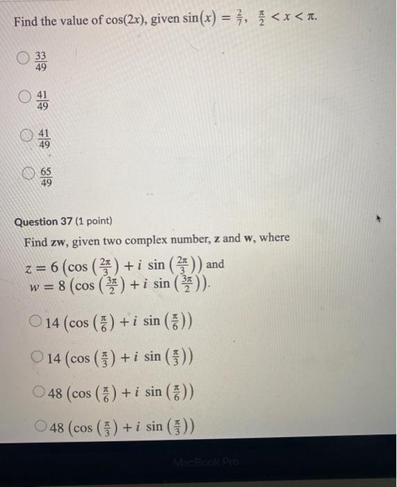 Solved Find the value of cos(2x), given sin(x) = }, { | Chegg.com