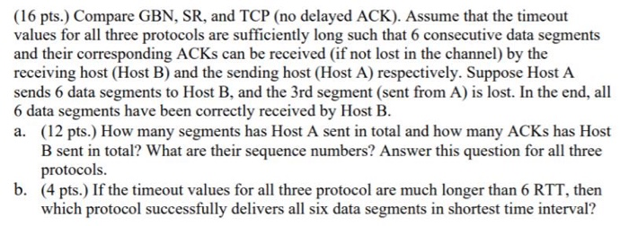 Solved (16 pts. Compare GBN, SR, and TCP (no delayed ACK). | Chegg.com