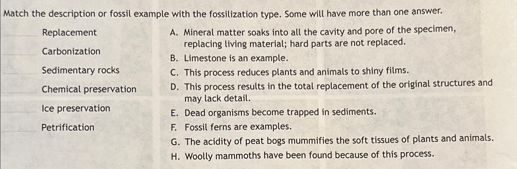 Solved Match the description or fossil example with the | Chegg.com