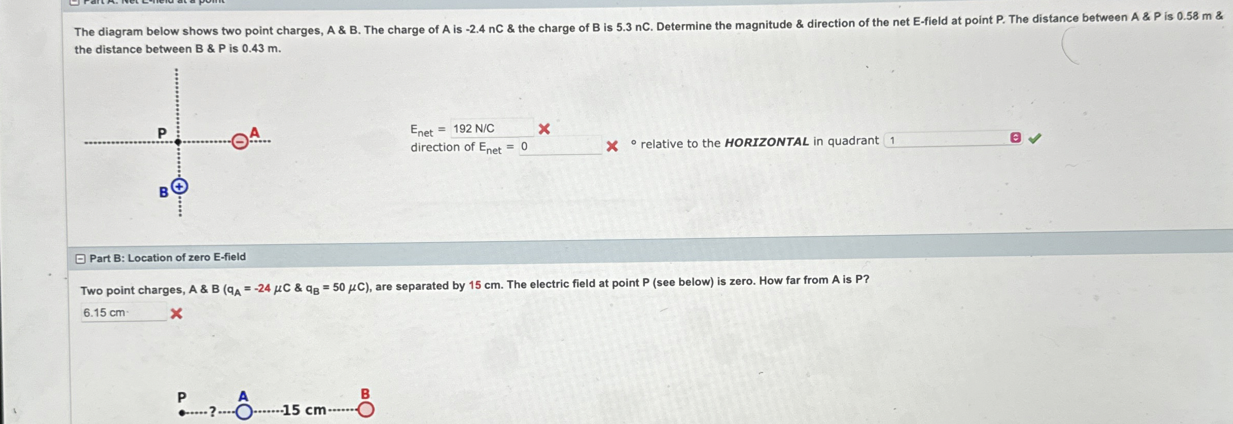 Solved the distance between B&P ﻿is 0.43 ﻿m .Enet =192NC | Chegg.com