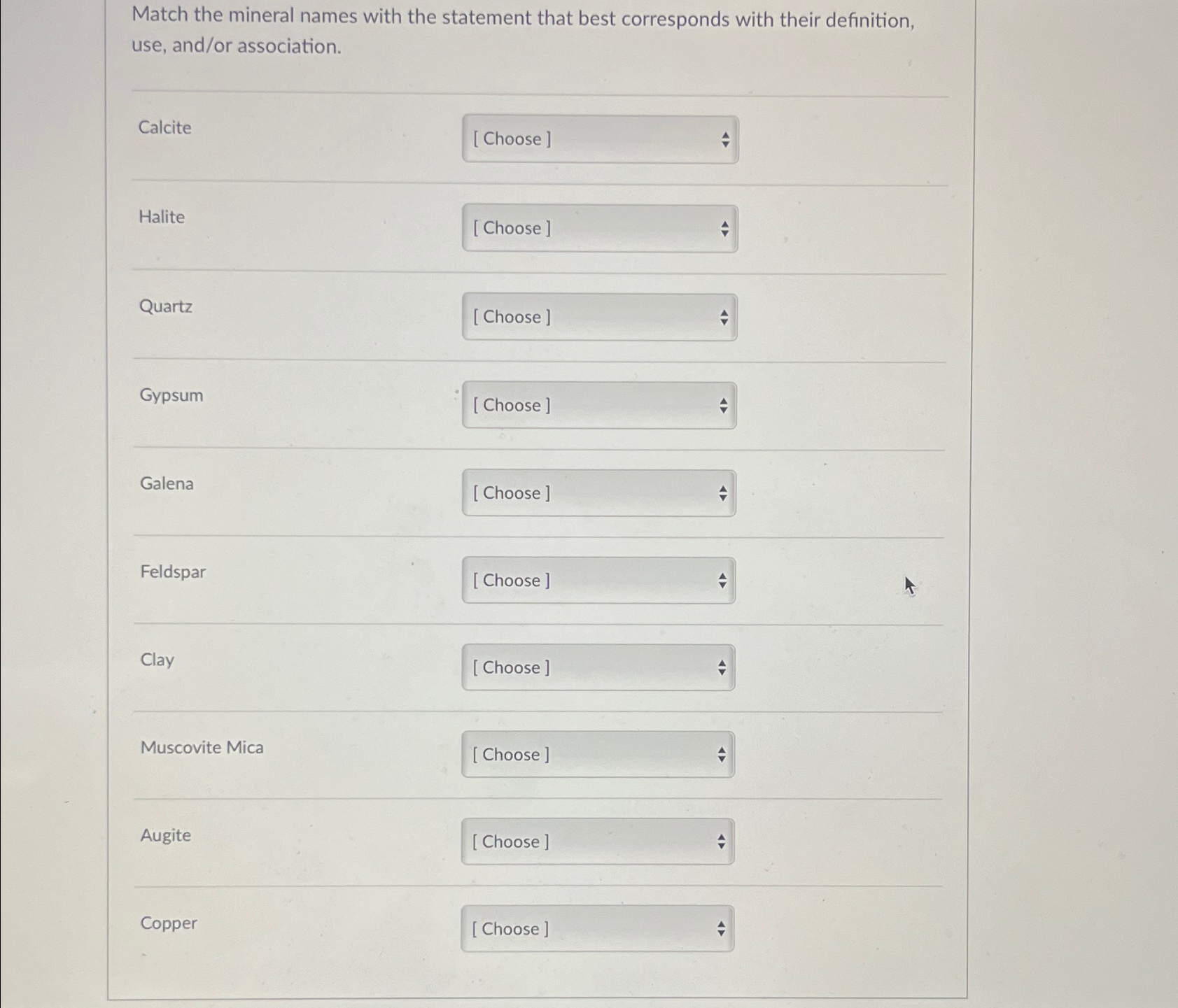 Solved Match the mineral names with the statement that best | Chegg.com