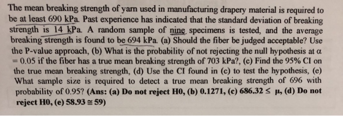 Solved The mean breaking strength of yarn used in | Chegg.com