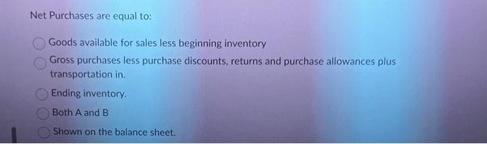 Solved Net Purchases are equal to: Goods available for sales | Chegg.com