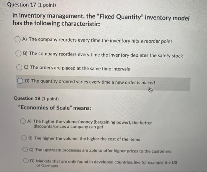 Solved Question 17 (1 point) In inventory management, the | Chegg.com