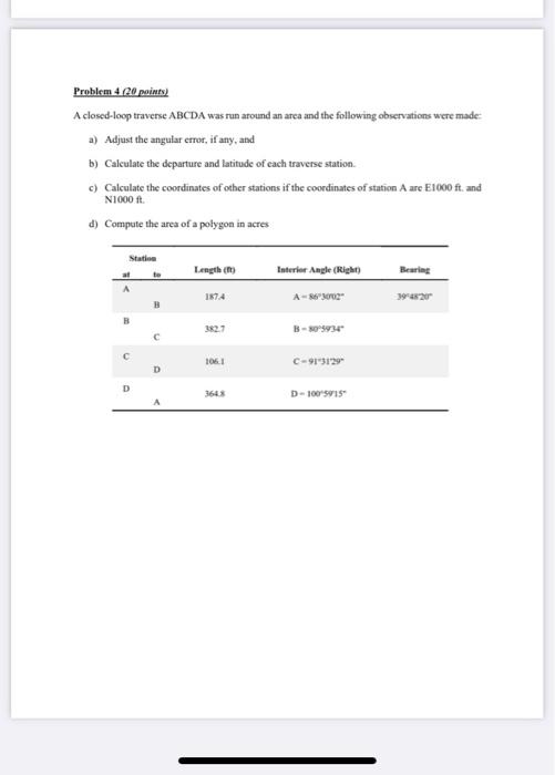 Solved Problem 4 (20 points) A closed-loop traverse ABCDA | Chegg.com