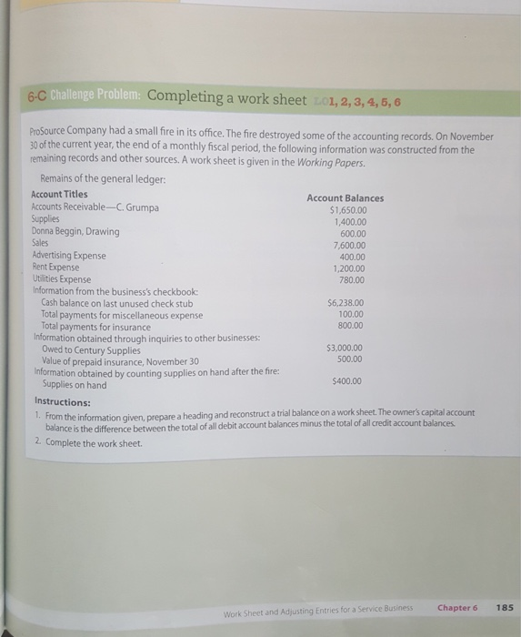 Solved 6.C Challenge Problem: Completing a work sheet | Chegg.com