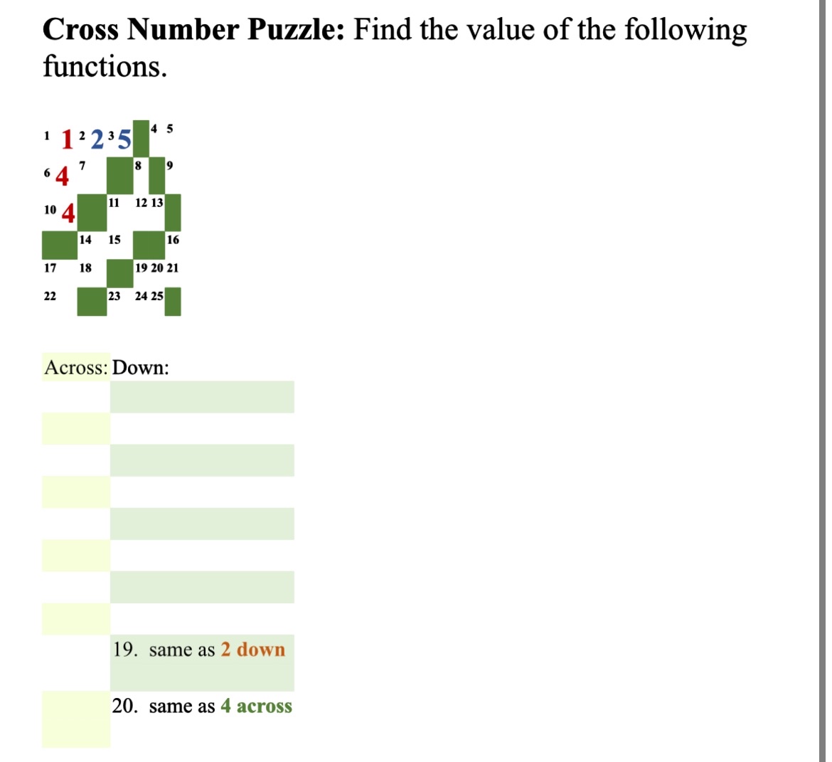 Cross Number Puzzle: Find the value of the following | Chegg.com