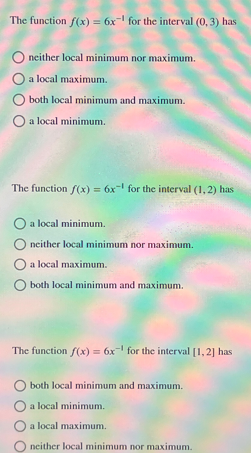 Solved The function f(x)=6x-1 ﻿for the interval (0,3) ﻿has | Chegg.com